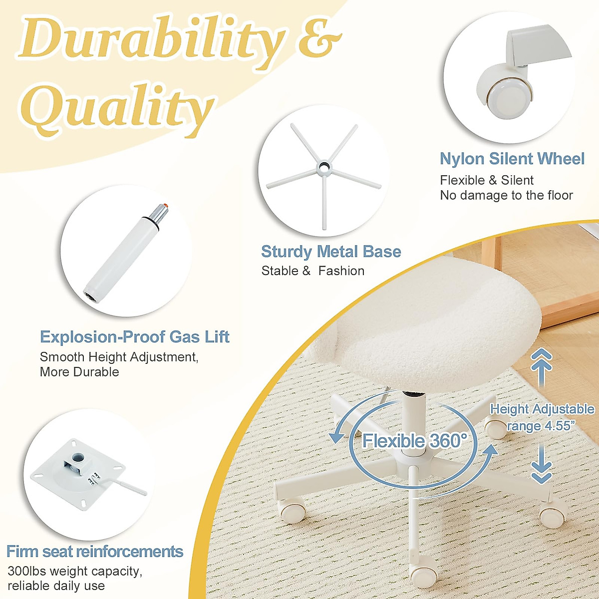 VINGLI Candy Chair Armless Cute Desk Chair,Comfy Small Office Chair with Wheels,Vanity Chair with Lumbar Support,Teddy Adjustable Rolling Swivel Computer Task Chair for Home Office,Bedroom,White