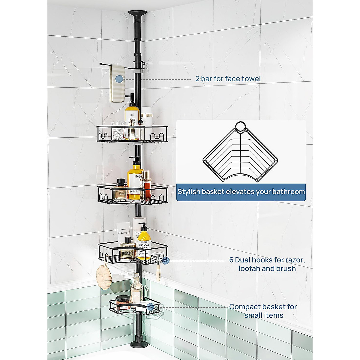 SEIRIONE Corner Shower Caddy Tension Pole, 4-Tier Rust-Free Shower Organizer Corner, Adjustable Shower Shelf for Inside Shower, Easy-Install Shower Rack for Shower Storage, 61.3 to 113Inch, Black