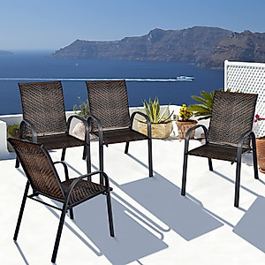 Tangkula Set of 6 Outdoor PE Wicker Stackable Chairs, Patio Dining Chairs with Sturdy Steel Frame, Outdoor Arm Chairs for Garden, Yard, Deck and Lawn (1, Mix Brown)