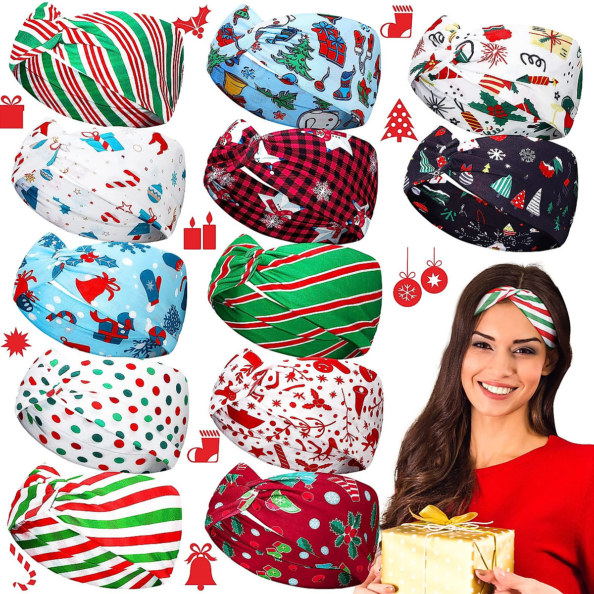 Jutom 12 Pieces Christmas Twisted Headbands Snowflake Elastic Turban Headband Multi-style Headband Christmas Bell Non Slip Hair Accessories Wide Knot Hair Bands Headwrap for Women (Simple Pattern)
