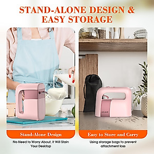 GUALIU 450W Electric Hand Mixer, 5-Speed Electric Mixer Food Mixer with 304 Stainless Steel Whisk Beaters, Dough Hooks & Storage Bag, Cake Mixer Handheld Mixer for Baking & Cooking, Turbo Boost/Pink