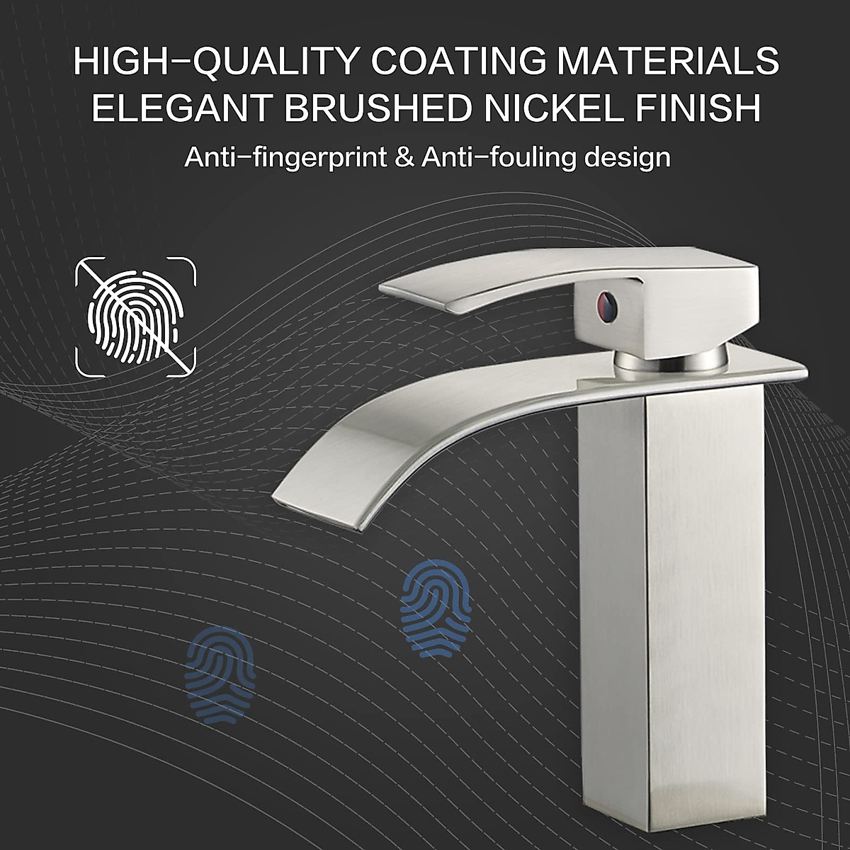 VOTON Waterfall Spout Single Handle Bathroom Faucet Brushed Nickel Commercial Modern Lavatory Tap with Pop-up Drain