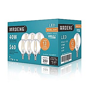 MRDENG Candelabra Led Light Bulbs G16.5 for Chandelier,Ceiling Fan,E12 Led Bulb Dimmable 40 Watt Equivalent,350Lumens,120 Volts,2700K Warm White,6 Pack