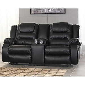 Signature Design by Ashley Vacherie Faux Leather Manual Pull-Tab Double Reclining Loveseat with Center Console, Black