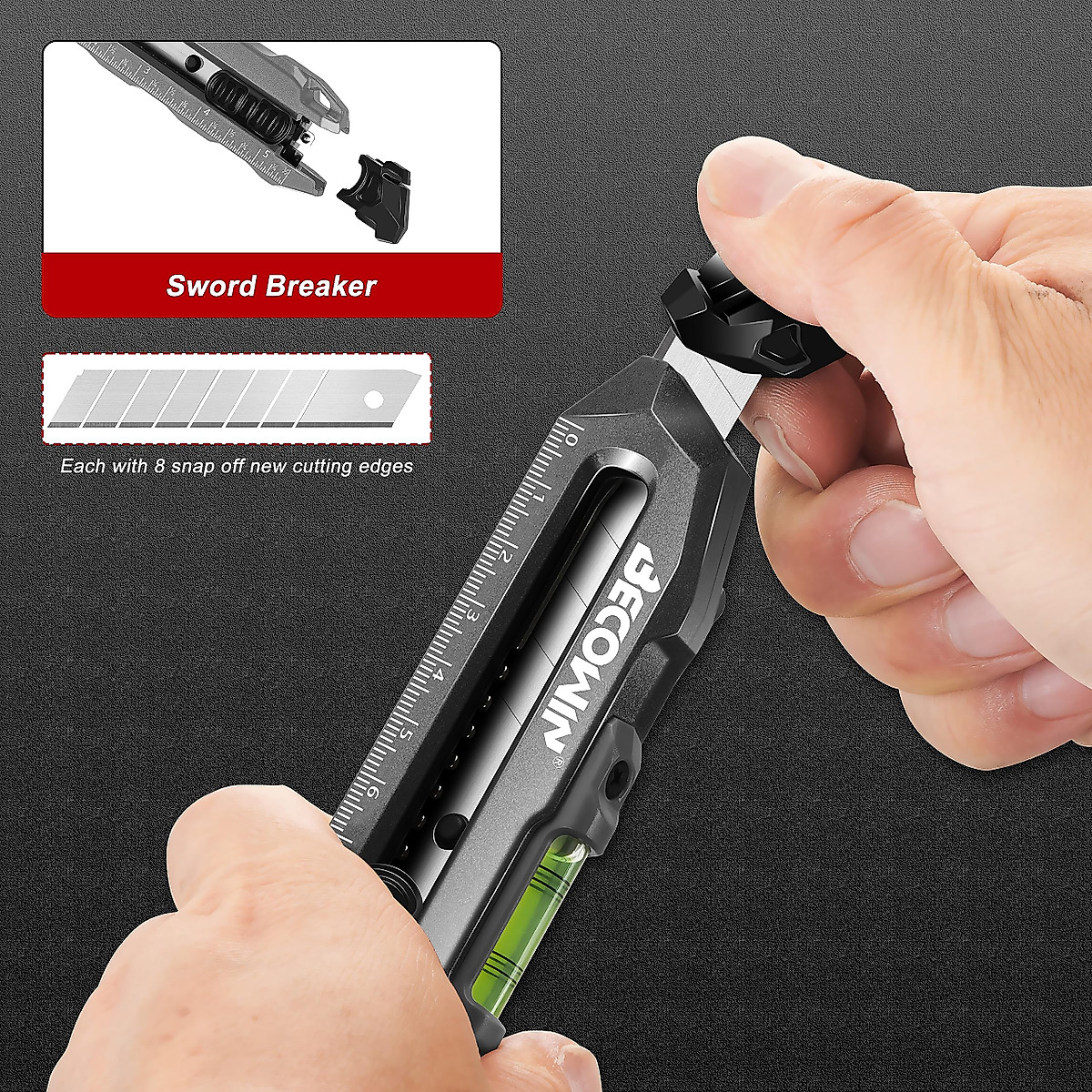 BECOWIN Multipurpose Utility Knife with Level and Ruler, Heavy Duty Metal Retractable Box Cutter Knife, 18MM SK5 Blade, Safety Lock Design for Measuring, Cutting Cartons, Cardboards and Boxes