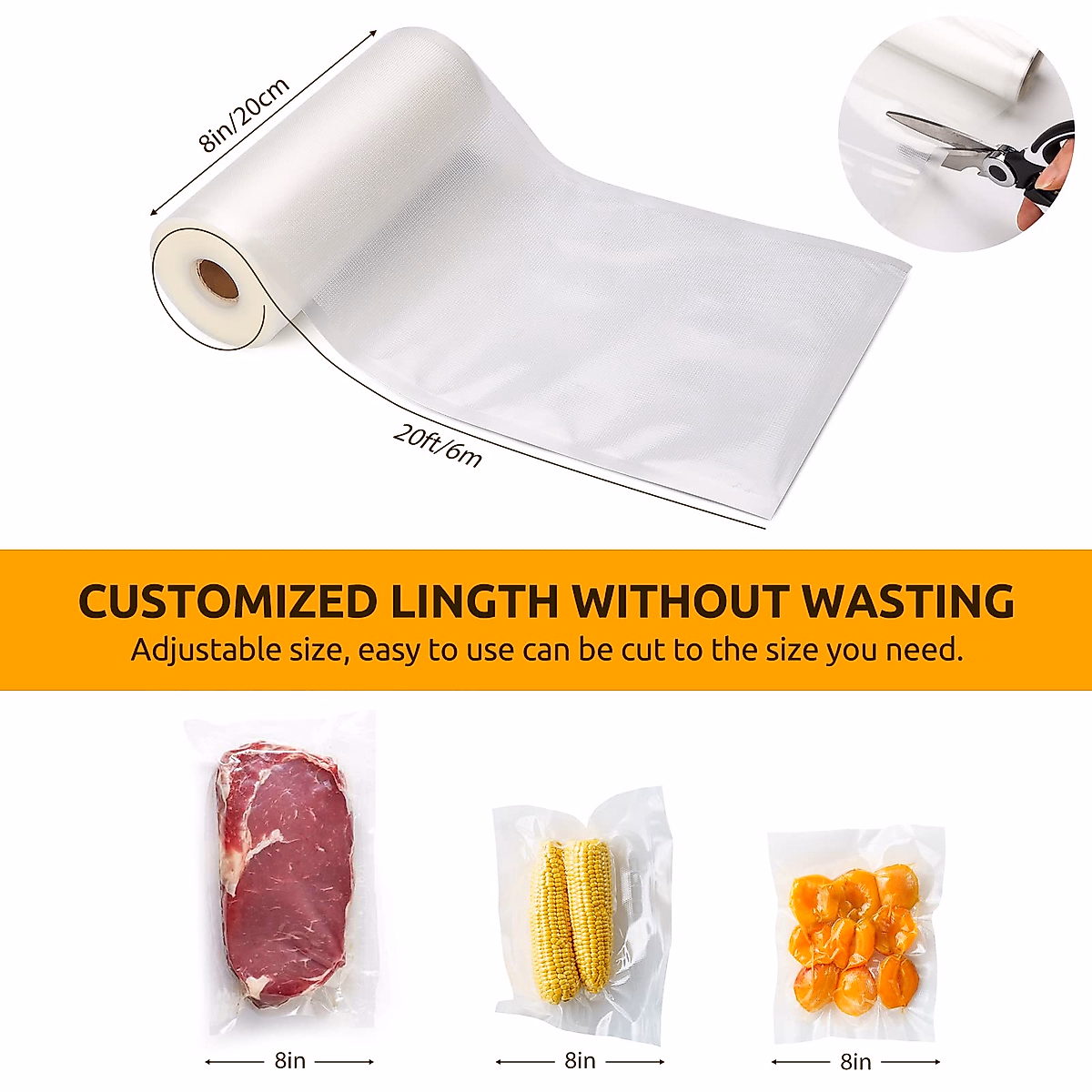2 Rolls Vacuum Sealer Bags 8" x 20', Commercial Customized Size Food Saver Bag Rolls for food Storage, Meal Prep or Sous Vide, Heavy Duty Storage Bag