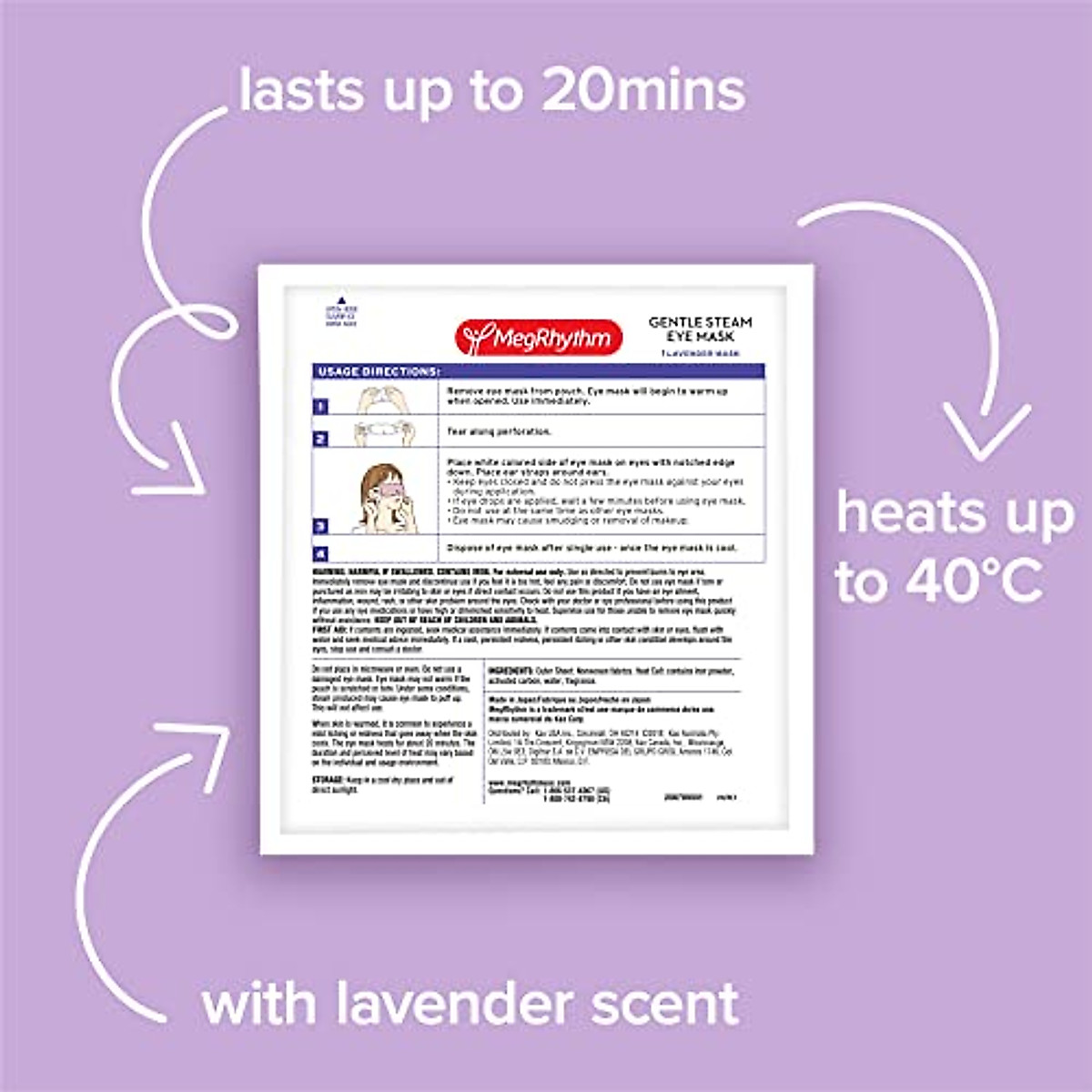 MegRhythm by Kao Gentle Steam Eye Mask, Lavender, Rejuvenates Eyes, Reduces the look of puffy eyes, Dermatologist and Ophthalmologist Tested, 5 Count