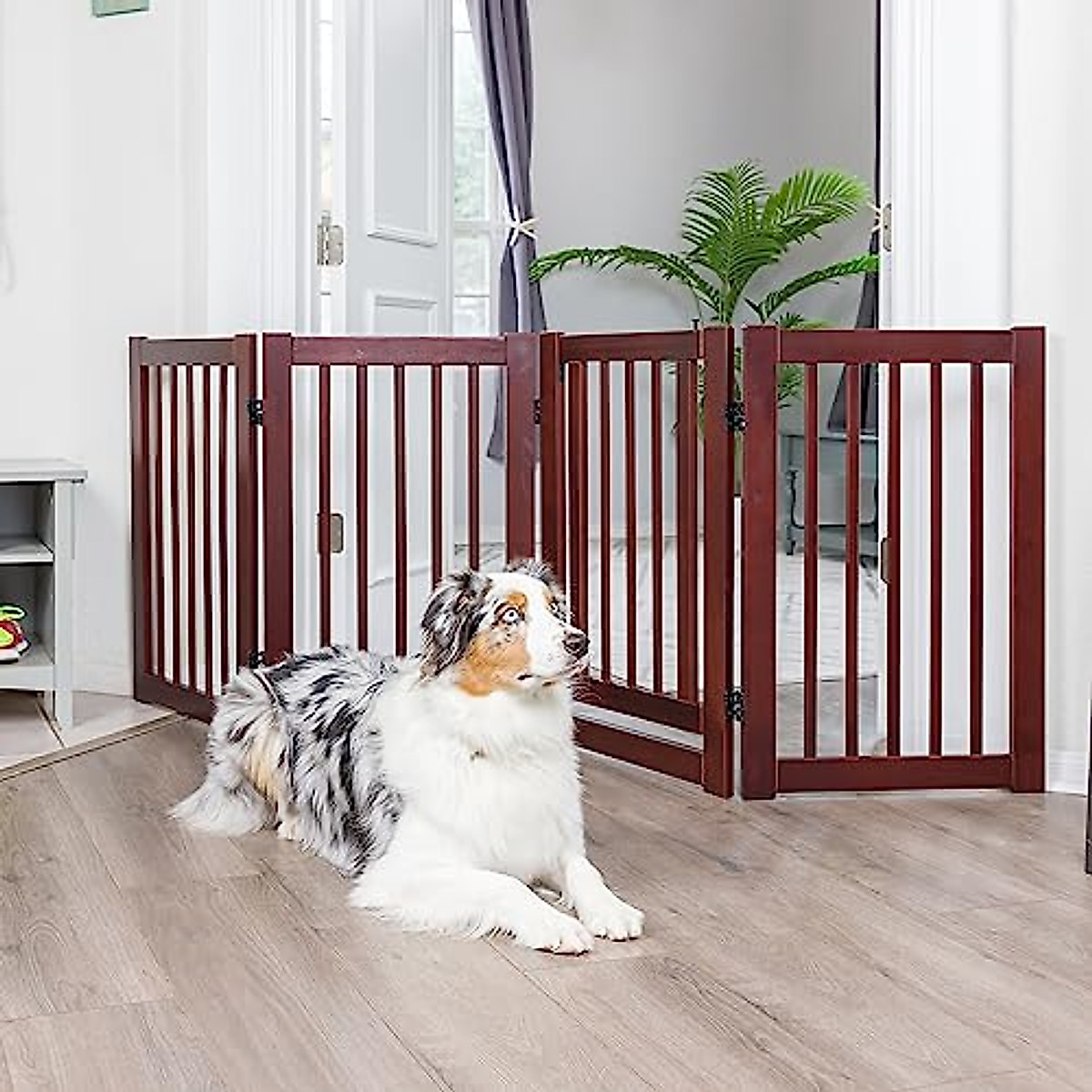 Primetime Petz 360 Configurable Dog Gate with Door – Indoor Freestanding Walk Through Wood Pet Gate,Walnut