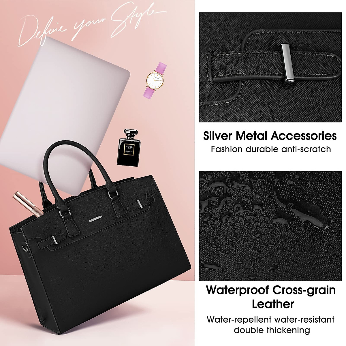 Laptop Bag for Women 15.6 Inch Waterproof Leather Lightweight Business Office Work Bag Large Capacity Professional Briefcase Computer Tote Fashion Handbag Shoulder Bag Black