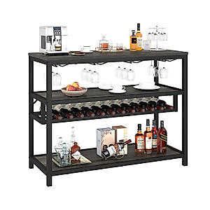 LVB Wine Rack Table, Liquor Bar Cabinet Freestanding Floor, Wooden Rustic Wine Storage with Wine Shelf and Glass Holder, Metal and Wood Modern Wine Cabinet for Home with Bottle Rack, Dark Gray Oak