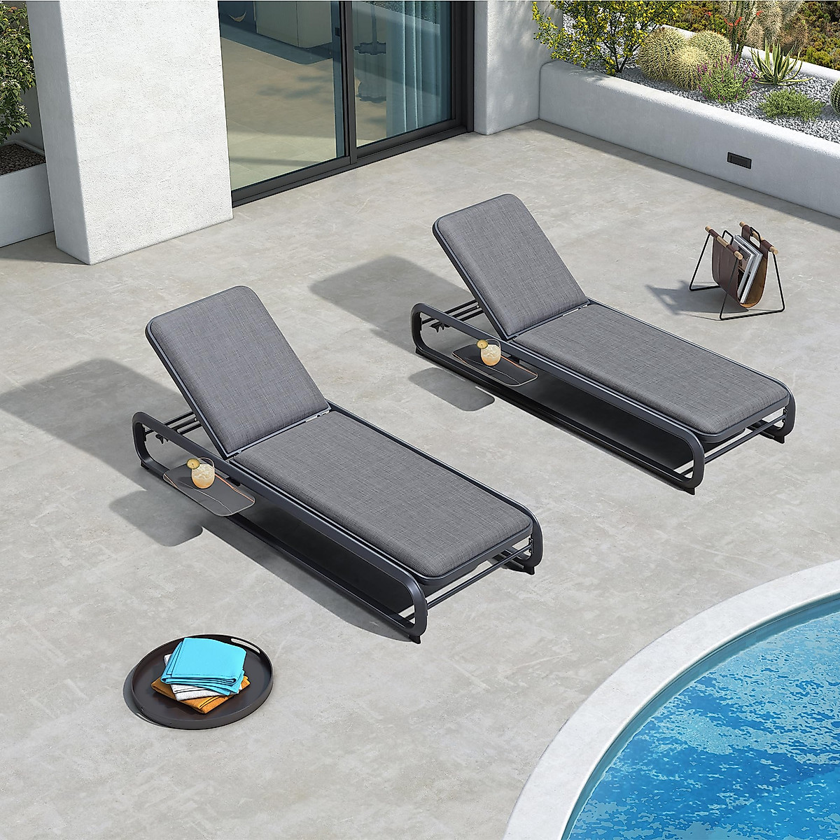 PURPLE LEAF Chaise Lounge Chair Recliner Outdoor for Patio Poolside w/Slide-Out Side Table with Cushion Adjustable Backrest 2 Pieces Dark Grey