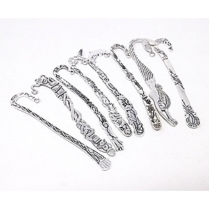 yueton 8pcs Mixed Pattern Antique Silver Metal Carved Hook Bookmarks