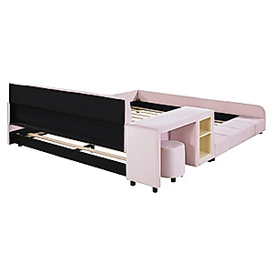 Modern Queen Size Upholstered Grounded Bed Mother & Child Bed Velvet Fabric Upholstered Floor Platform Bed with Bedside Desk and Little Round Stool for Kids Teens Boys Girls Adults (Pink-@9.9)