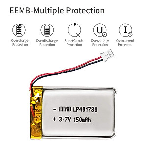 EEMB Lithium Polymer Battery 3.7V 150mAh 401730 Lipo Rechargeable Battery Pack with Wire Molex 1.25mm Connector for Speaker and Wireless Device- Confirm Device & Connector Polarity Before Purchase