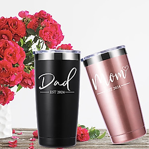 Dad Mom Est 2024 20 OZ Tumbler.Anniversary New Parents Pregnancy New Dad Mom Parents to be Gift.Father's Mother's Day Couples Gifts.New Dad New Mom Mom to Be Dad to Be Gifts.(Black&Rose Gold)