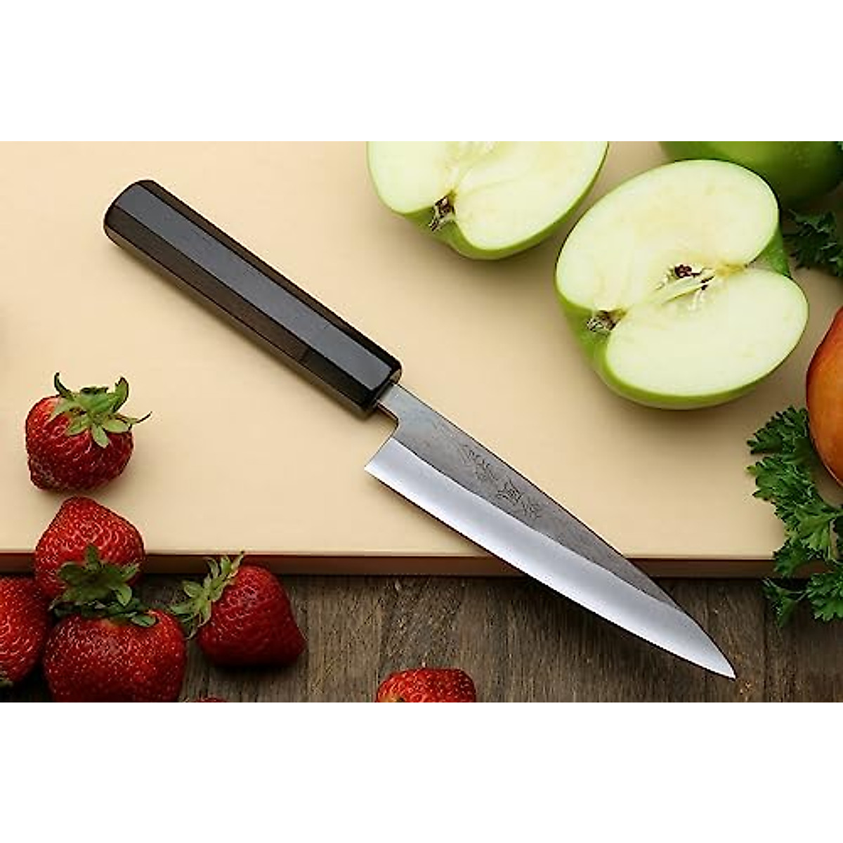 Yoshihiro Kurouchi Black-Forged Blue Steel Stainless Clad Petty Utility Knife Ebony Handle (5.3'' (135mm) & No Saya)