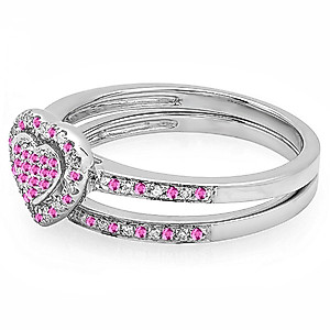 Dazzlingrock Collection Sterling Silver Pink Sapphire & White Diamond Heart Shaped Ring Set, Size 7.5