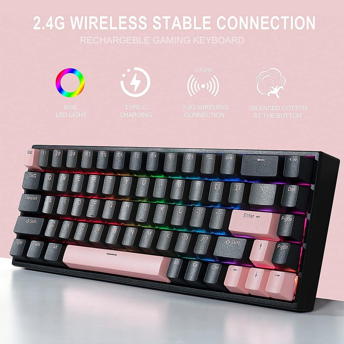 ONE METER 60 Percent Wireless Mechanical Gaming Keyboard, Portable Ultra-Compact 68 Keys Gaming Keyboard Hot Swappable Gateron G-pro switches with RGB Backlit and PBT keycaps