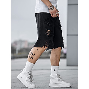 Verdusa Men's Ripped Distressed Raw Trim High Waist Straight Leg Denim Shorts Black XL