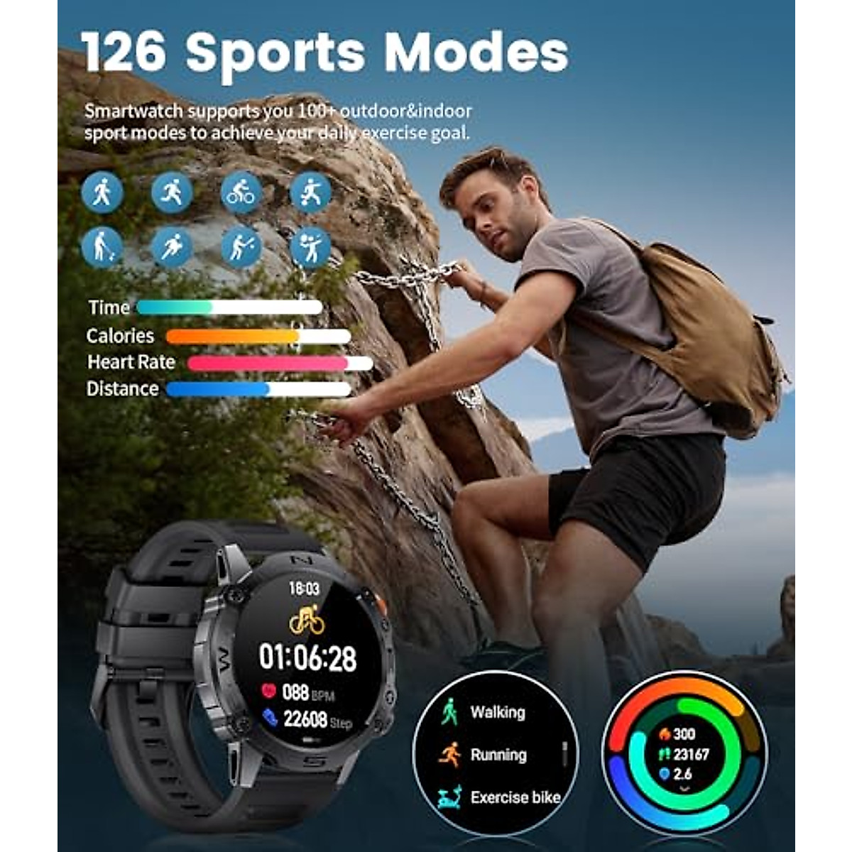 Smart Watches for Men,1.43'' Amoled Ultra HD Sport Watch with 120+Sport Modes/5ATM Waterproof/45Days Battery,in&Outdoor Fitness Tracker with Call,Heart Rate/Sleep Monitor for Android iOS(2 Straps)