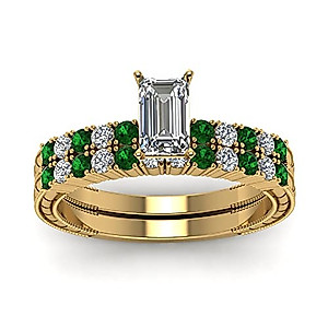 Gemsonclick Petite Vintage Diamond Wedding Set yellow gold plated Created Emerald Emerald shape Green color Wedding Ring Sets prong Setting in Size 9 Party Wear Daily Wear Ornament