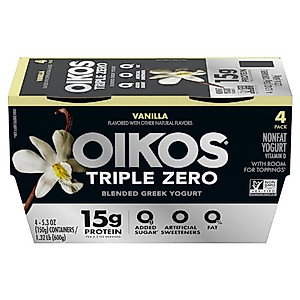 Oikos Triple Zero Vanilla Nonfat Greek Yogurt Pack, 0% Fat, 0g Added Sugar and 0 Artificial Sweeteners, Just Delicious High Protein Yogurt, 4 Ct, 5.3 OZ Cups