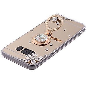 DasKAn Rhinestone Mirror Case for Samsung Galaxy Note 8 with Metal Finger Holder Ring Stand,Crystal 3D Diamond Design Ultra Slim Soft Silicone Back Cover Flexible TPU Protective Phone Case,Gold#1