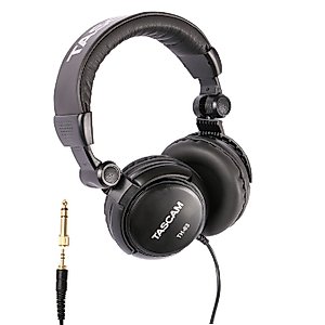Tascam TH-03 Studio Headphones – Closed Back, Padded, Adjustable Pro Audio Headset with Gold Tip 1/8 inch to 1/4 inch Adaptor