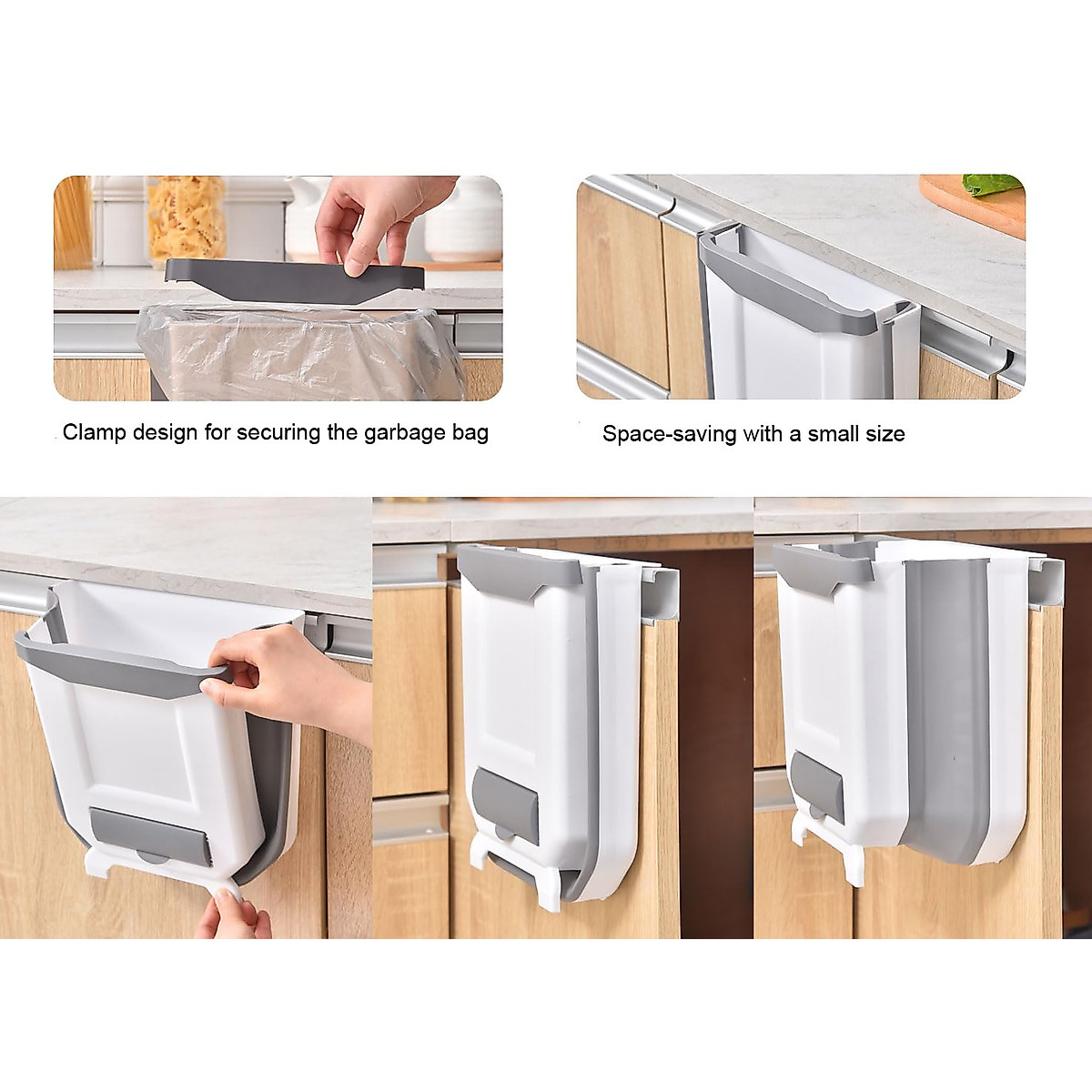 Hanging Kitchen Trash Can 2.4 Gallon White Plastic Collapsible Bin Wall Mounted for Cabinet Door, Perfect for Organizing Small Spaces in Your Home - Hang in Kitchen, Car, Bedroom, or Bathroom!