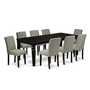 EAST WEST FURNITURE 9Pc Rectangle 66/84 Inch Kitchen Table With 18 In Leaf And Eight Parson Chair With Black Leg And Linen Fabric Shitake.