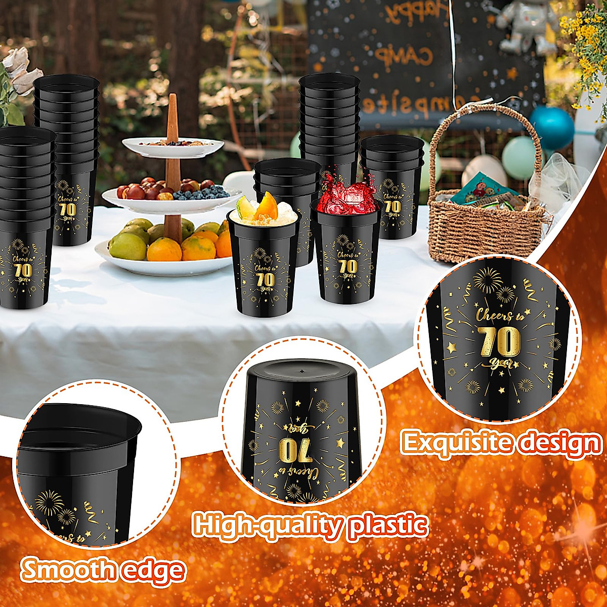 Mototo 30 Pieces 70th Small Birthday Cups 8 oz Cheer to 70 Years Plastic Cups Plastic Birthday Stadium Cups Black and Gold Plastic Cups for Birthday Party Favors Anniversary Wedding Party Supplies