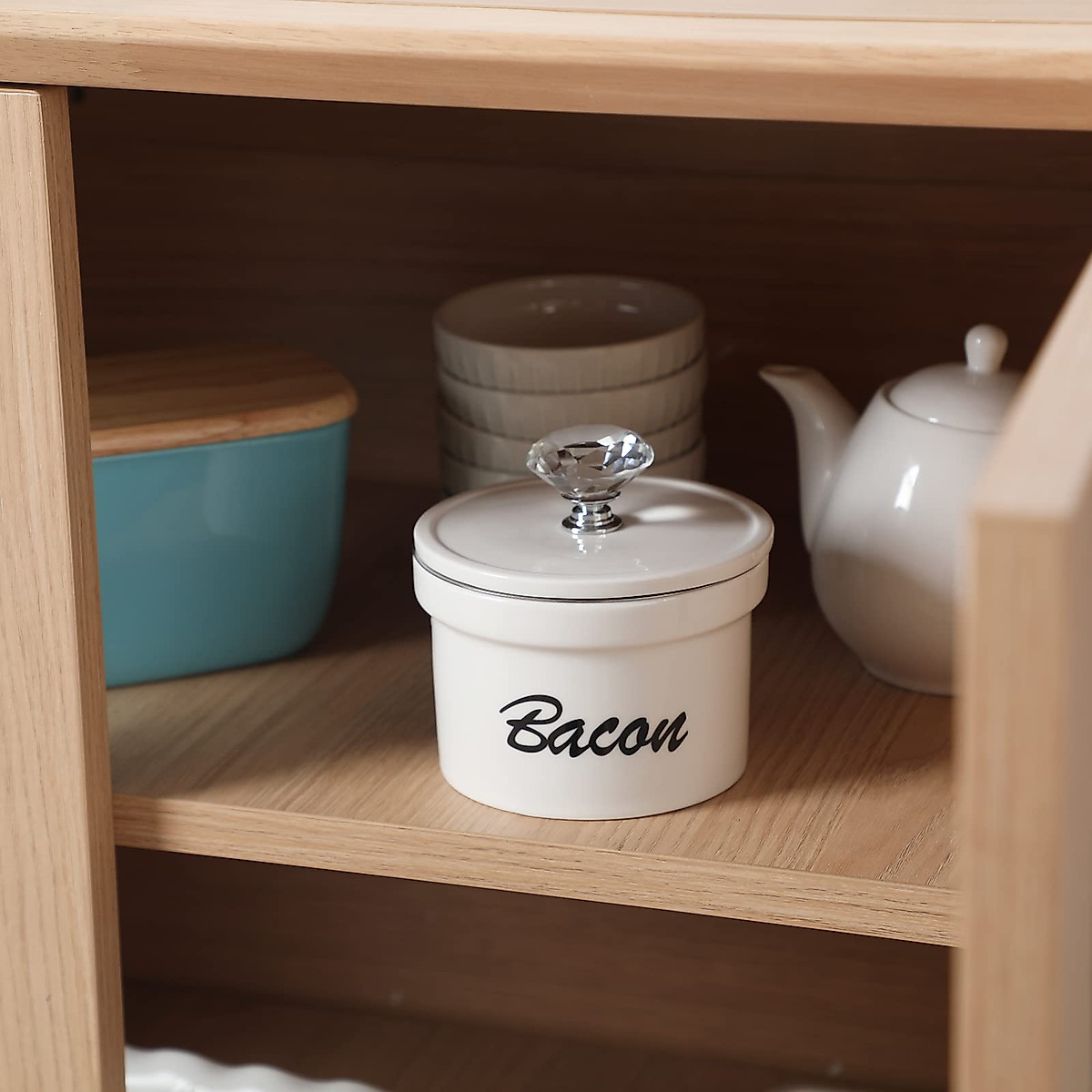 Bacon Grease Container Keeper with Crystal Lid and Strainer, 12 oz Ceramic Frying Oil Storage Can Container for Countertop,Farmhouse Kitchen Decor (Silver)