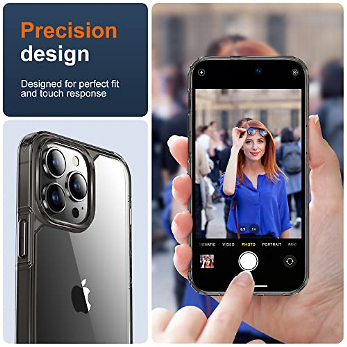 UniqueMe [5 in 1 Design for iPhone 14 Pro Max 6.7 inch Case, 2 Pack Screen Protector Tempered Glass + 2 Pack Camera Lens Protector, [Non-Yellowing] Shockproof Protective Cover - Clear Black