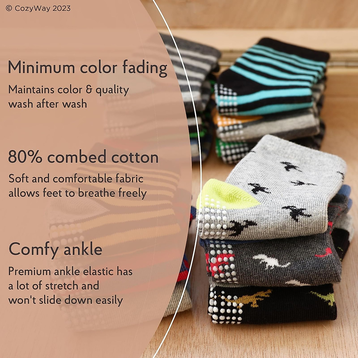 CozyWay Toddler Socks With Grippers Non Slip Crew Grip Socks for Girls and Boys Soft Comfy Cotton - 1T-3T Unisex Black, White, Gray - 12 Pack