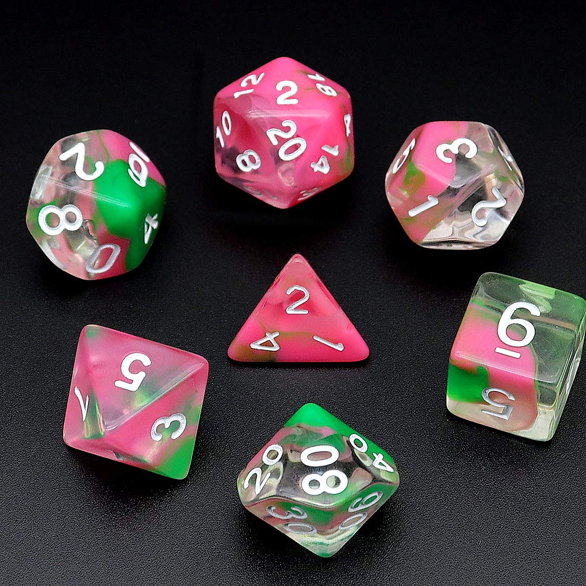 Haxtec DND Dice Set Polyhedral D&D Dice for RPGs-Pink Green Clear Swirl