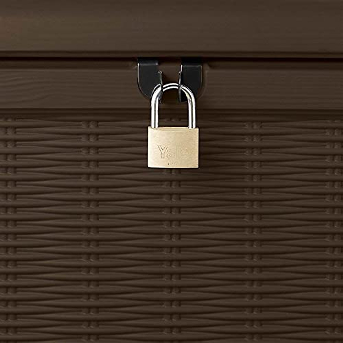 Keter Borneo 110 Gallon All Weather Weatherproof Rattan Wicker Resin Outdoor Backyard Patio Porch Deck Organization Storage Box Bench, Brown (2 Pack)