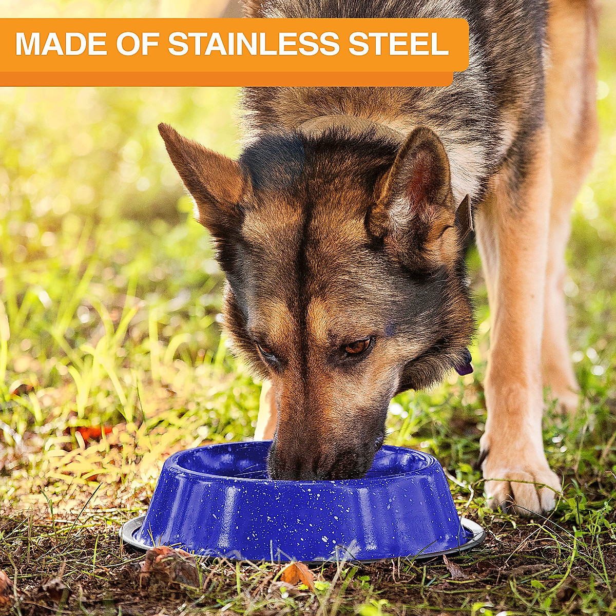 Neater Pet Brands - Outdoor Camping Style Pet Bowl - Enamel Ware Blue Black Granite Colors - Dog Cat No Tip Skid Bowls (64 oz, Blue)