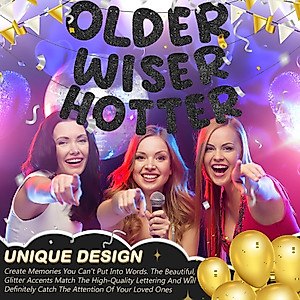 Fulmoon Set of 3 Pre Strung Older Wiser Hotter Glitter Banner Funny Birthday Banner for Women 30th 40th 50th 60th 70th 80th Birthday Party Decorations Birthday Sign Birthday Gift (Black)
