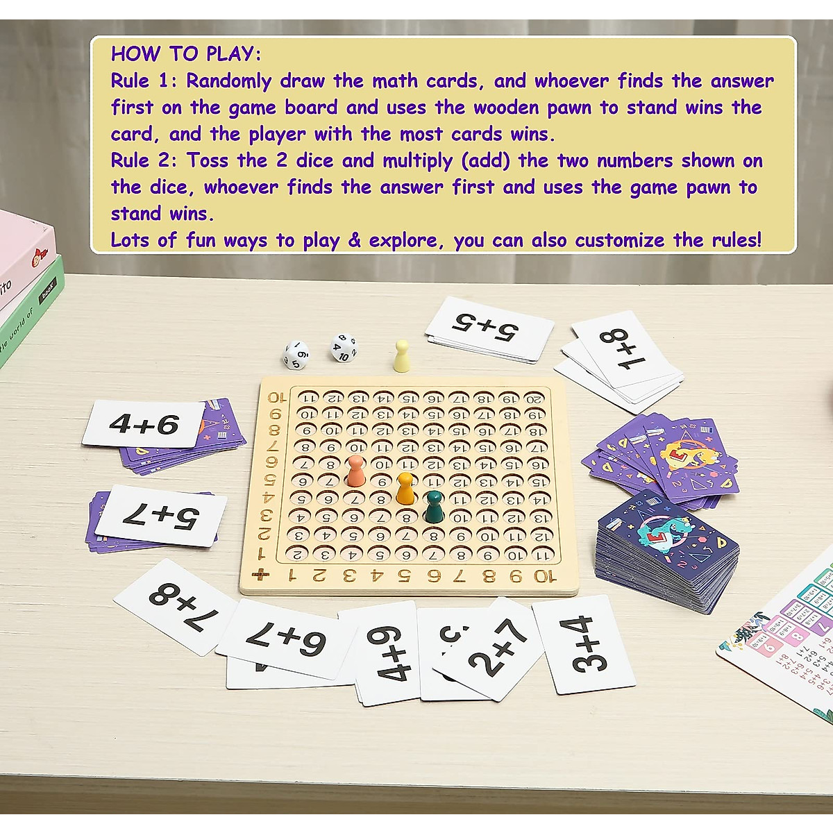 2 in 1 Multiplication Addition Math Board Game for Kids - Wooden Montessori Math Toys for Girls Boys 4 5 6 7 8 9 Years Old Wood Double Sided Board Table Dice Card Games for Family