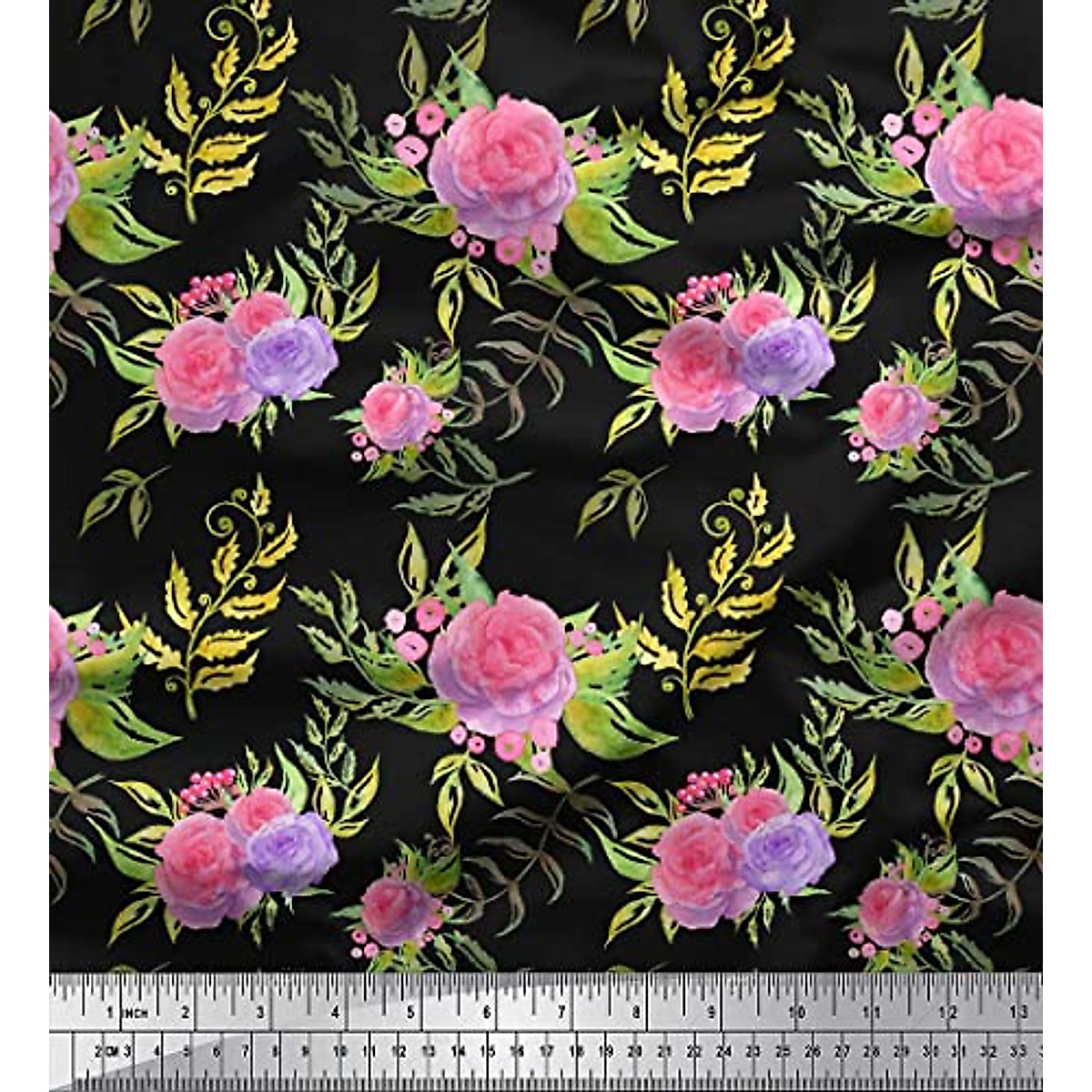 Soimoi Black Cotton Canvas Fabric Leaves & Rose Floral Print Fabric by The Yard 44 Inch Wide