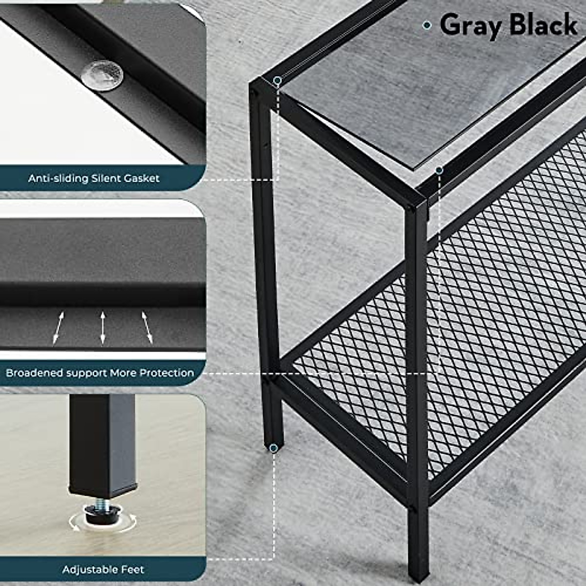 SAYGOER Glass Console Table Black Entryway Table Narrow Sofa Table with Storage 2 Tier Accent Couch Table Hallway Table for Entry Way Living Bed Room Home Office Small Space, Gray Black