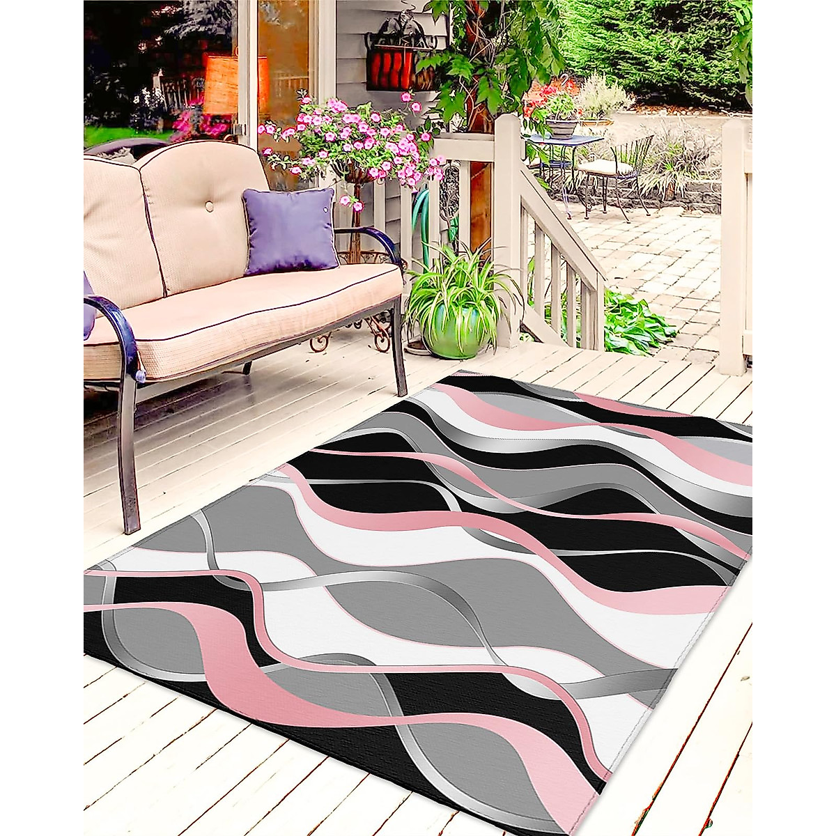 Pink Black Outdoor Rugs for 6'x9' Patios Clearance, RV Camping Mat Rug Portable Outside Rug Indoor Outdoor Area Rug Mat for Beach Deck Pool Geometric Contemporary Grey White Stripe