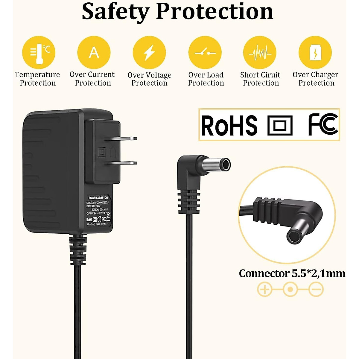 9V 850mA Adapter for Guitar Pedals Power Supply, Power Cord for BOSS Effects Pedal Roland Musical Instruments Distortion Casio Keyboard Charger, PSA-120S Center Negative Charging Cable Cord