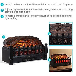 Sunnydaze Elegant Embers 20.25-Inch Faux Log Electric Fireplace Insert Heater - 110V -Remote Control Included