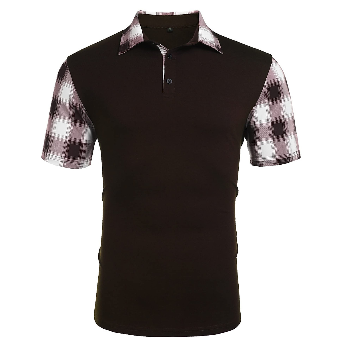 CHOMOLEZA Men's Casual Short Sleeve Polo Shirt Classic Plaid Collar Slim Fit T-Shirt Coffee M