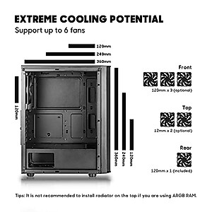 ARESGAME at-M1 Mid-Tower PC Case, Transparent Side Panel and ATX/M-ATX Support, Liquid Cooling Support up to 240mm Radiator, Black