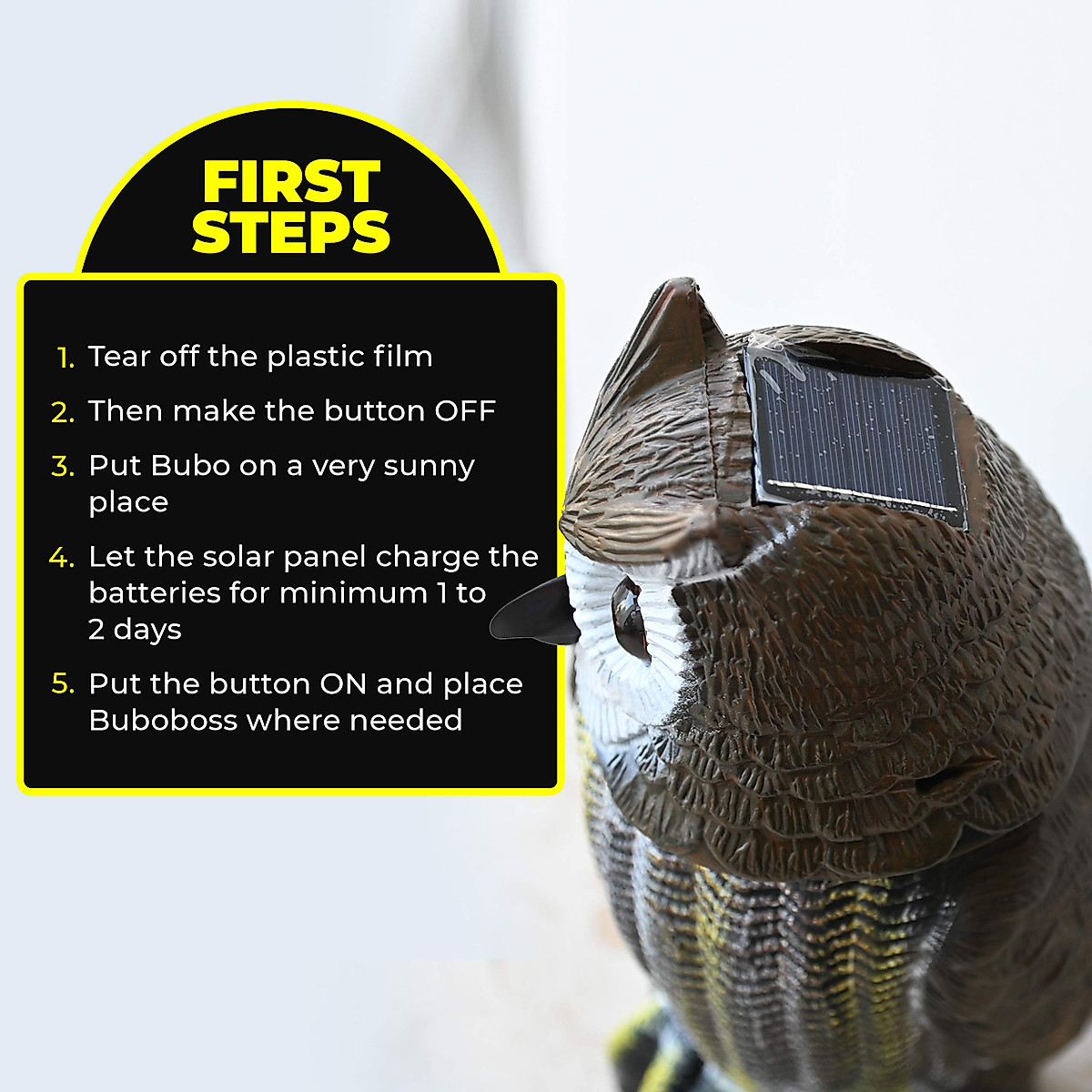 BuboBoss Fake Scarecrow Owl Decoy |16 Inch Solar Powered Motion Activated Plastic Owl to Keep Pigeons, Squirrels, Rabbits, and Rats Away from Gardens, Barns, Decks, and Terraces