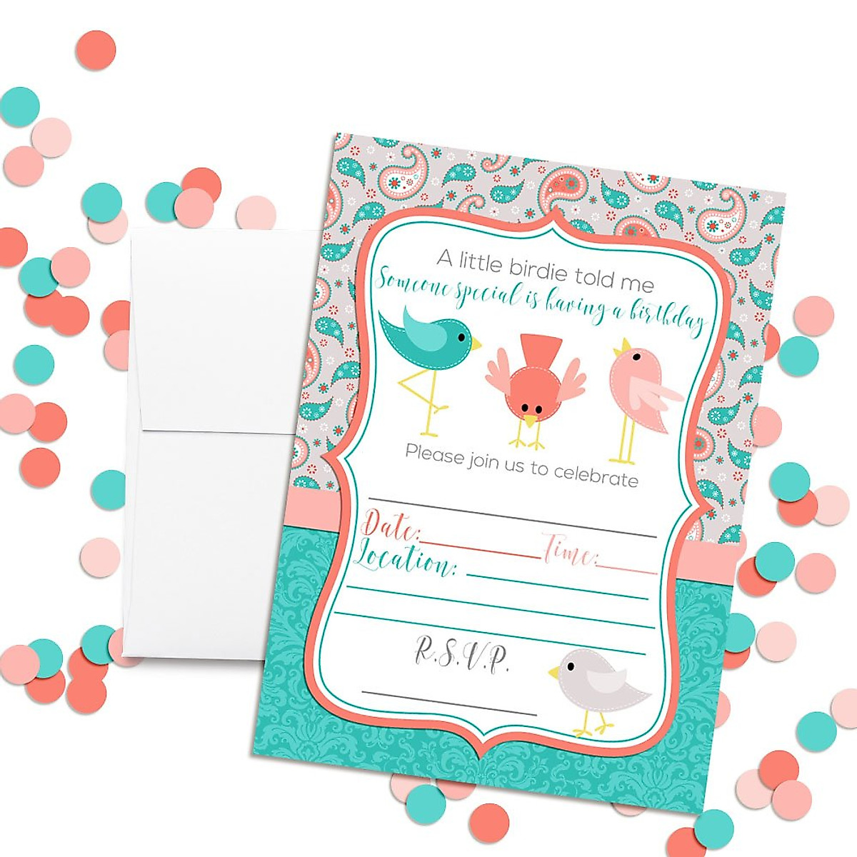 A Little Birdie Told Me Themed Birthday Party Celebration Invitations, 20 5x7 Fill In Cards with Twenty White Envelopes by AmandaCreation