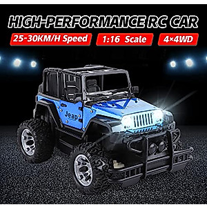 onthego RC Truck Jeep, 4WD Off-Road Remote Control Car SUV with Light, Metal Racing Vehicle Toy Car with Spring Suspension/Door Open/Storage Case for Kids Boys(Blue)