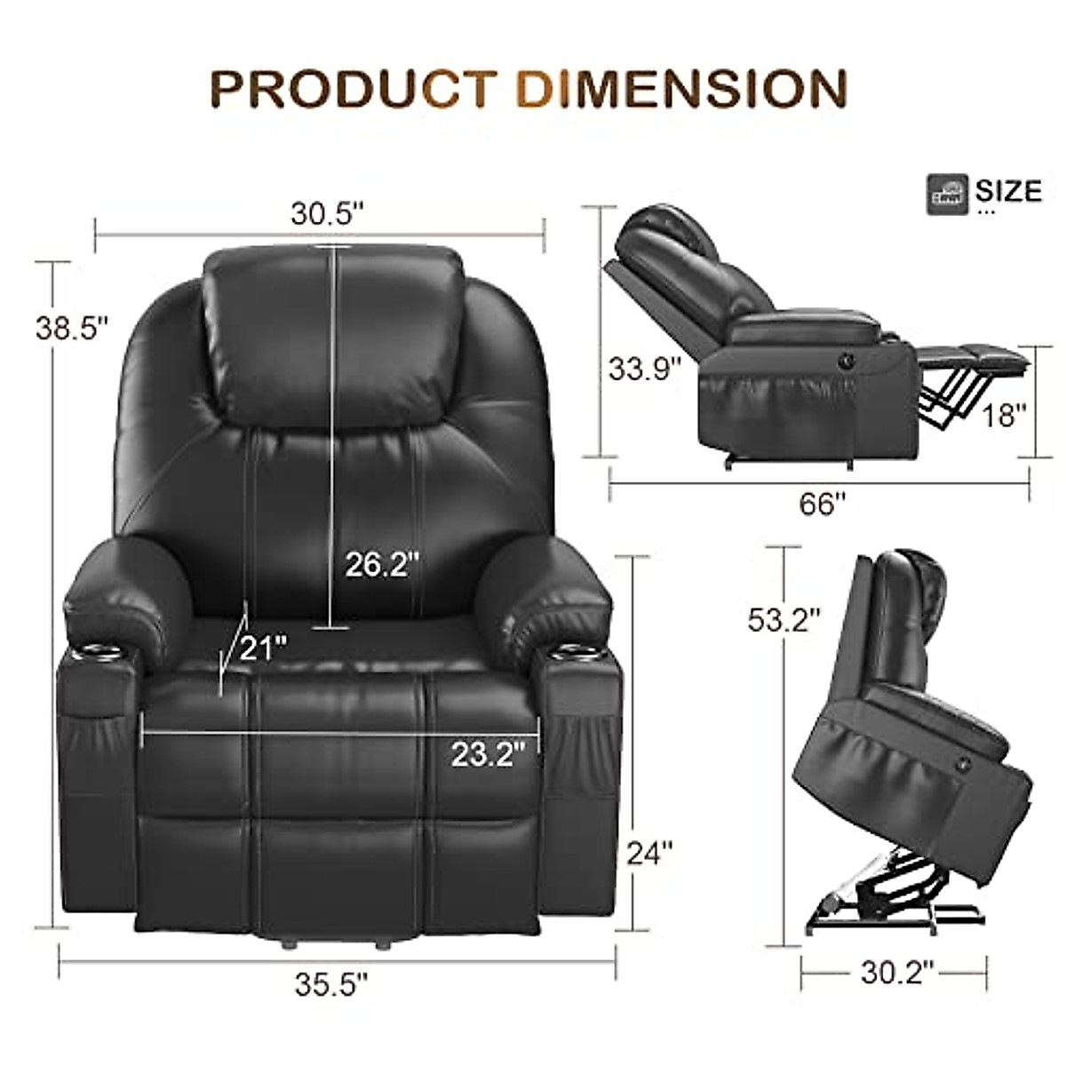 YONISEE Large Lift Chairs Recliner for Elderly - Power Lift Chair Modern with Massage and Heat, Infinite Position, Extended Footrest, USB & Tape C Ports and Cup Holders, Black Color